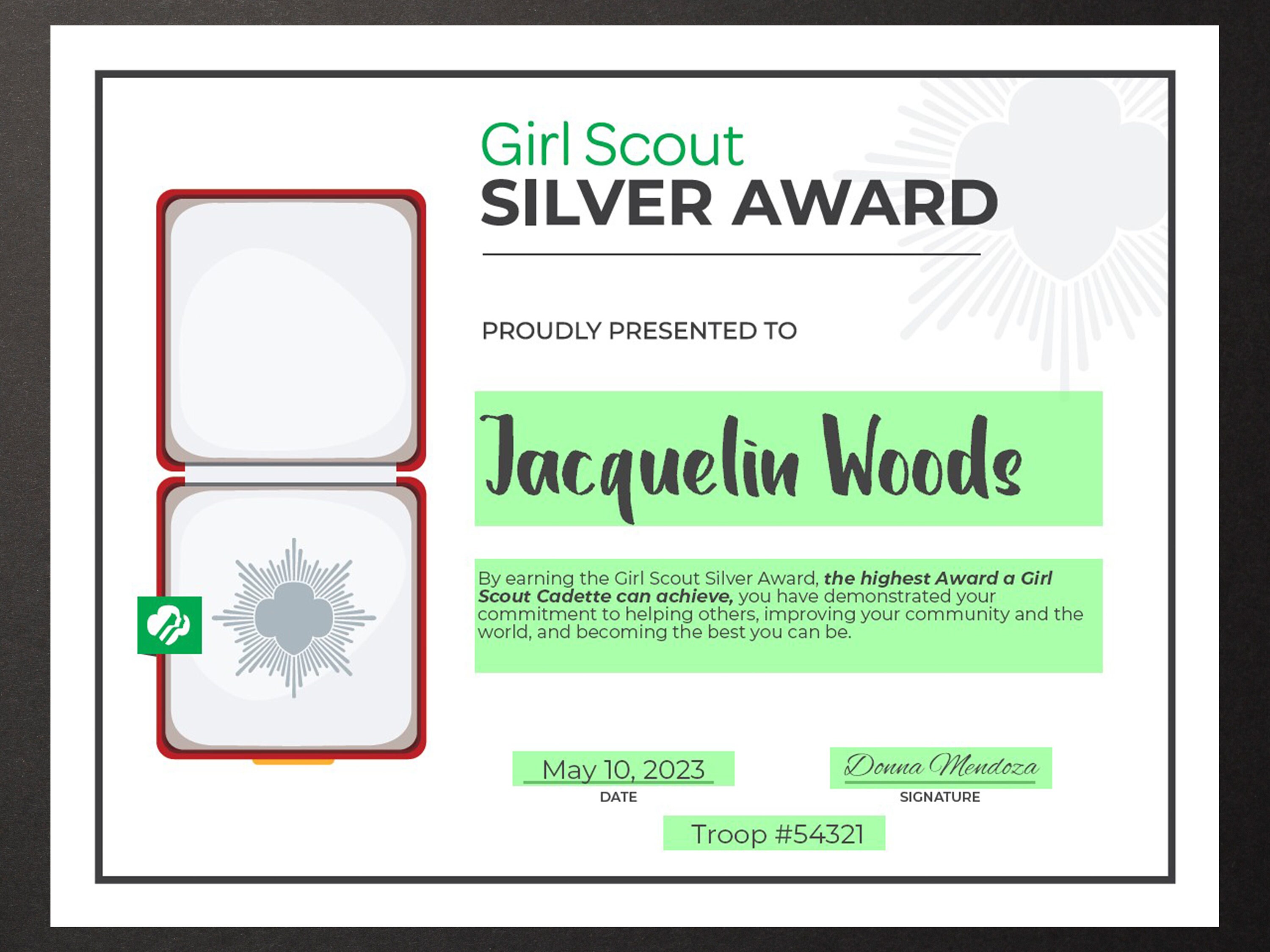 Girl Scout Silver Award Certificate Printable PDF Template - Etsy