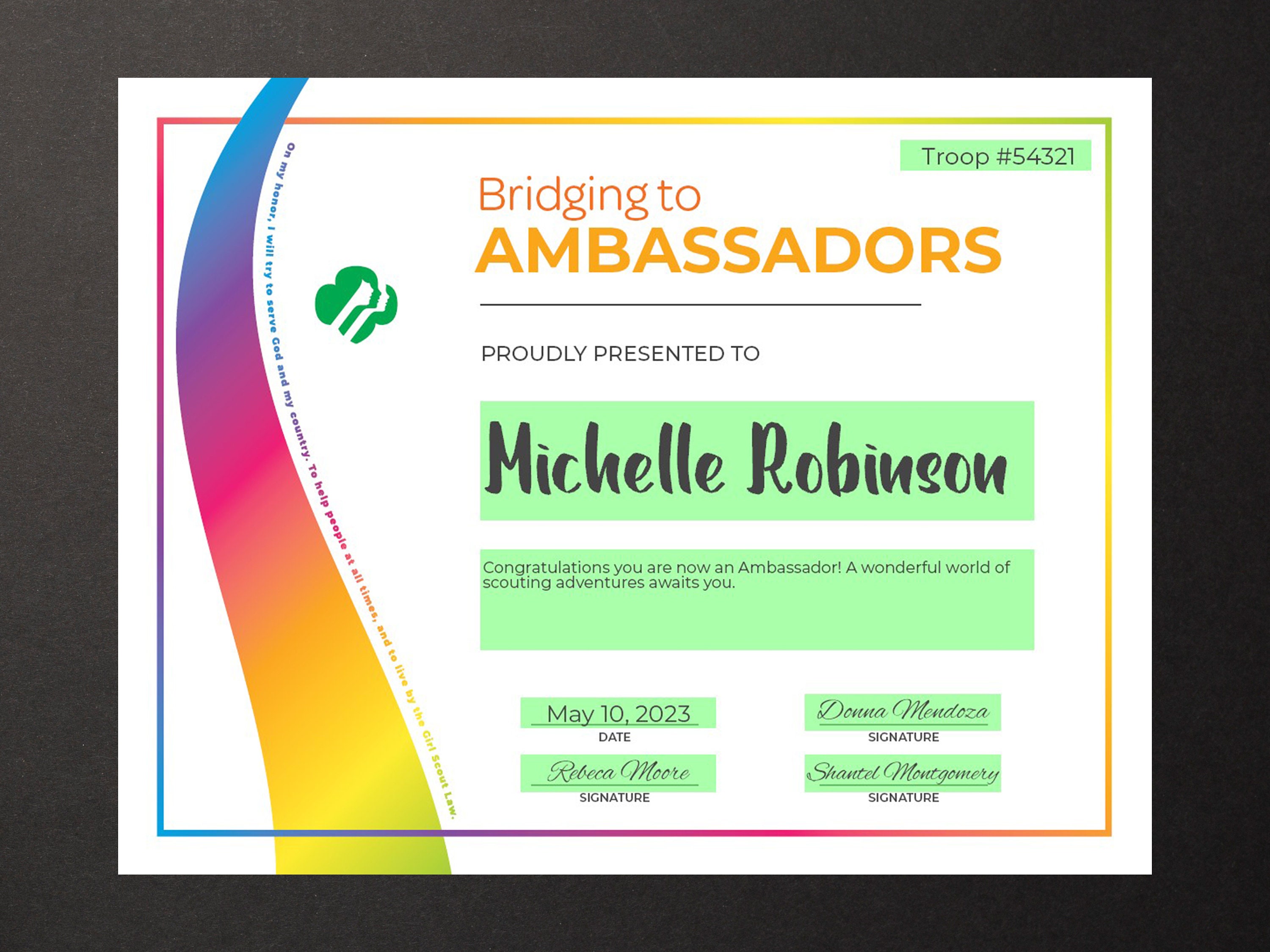 Girl Scout Bridging to Ambassadors Certificate PDF Template - Etsy