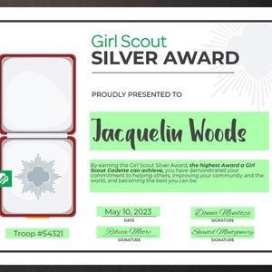 Girl Scout Silver Award Certificate Printable PDF Template | Etsy