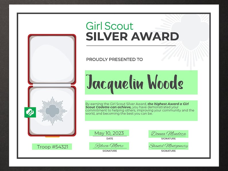 Girl Scout Silver Award Certificate Printable PDF Template | Etsy