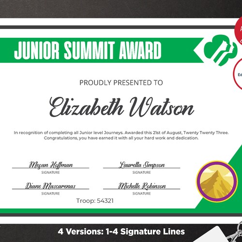 Girl Scout Junior Summit Award Certificate PDF Template - Etsy