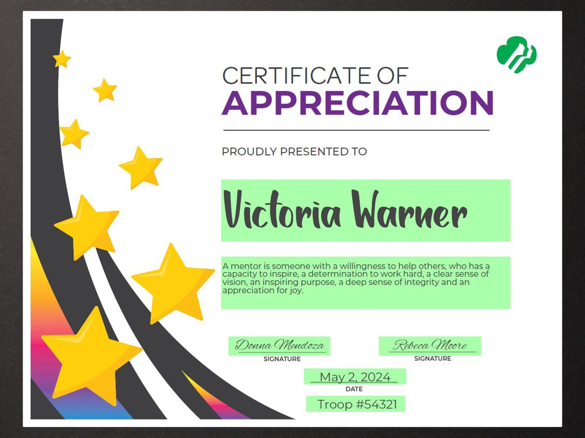 Girl Scout Certificate of Appreciation Printable PDF - Etsy
