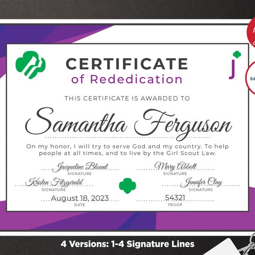 Girl Scout Rededication Certificate Printable PDF Template - Etsy