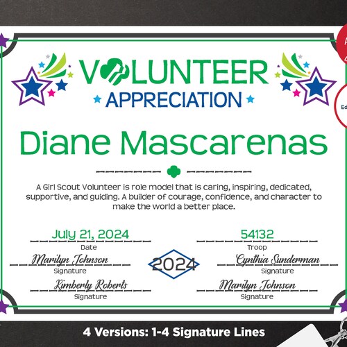 Girl Scout Volunteer Appreciation Certificate Printable PDF - Etsy