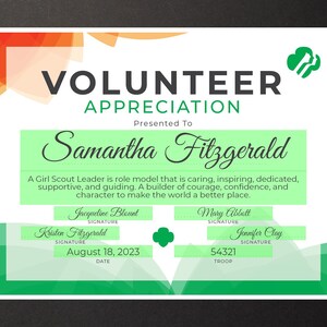Girl Scout Volunteer Appreciation Certificate Printable PDF - Etsy