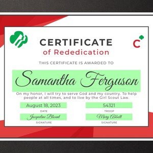 Girl Scout Cadette Rededication Certificate Printable PDF - Etsy