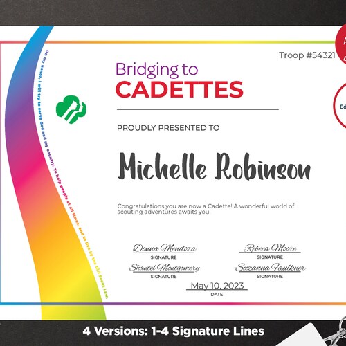 Girl Scouts Bridging to Cadettes Certificate PDF Template - Etsy
