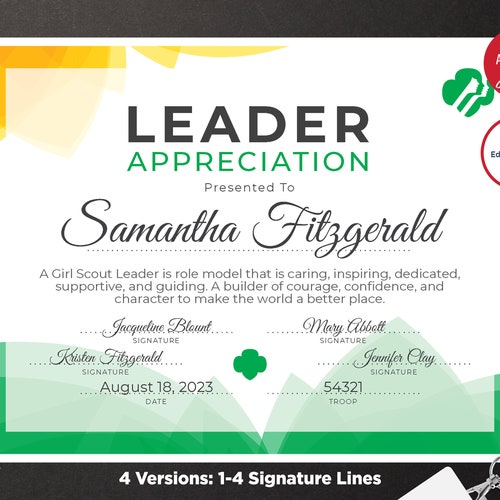 Girl Scout Volunteer Appreciation Certificate Printable PDF - Etsy