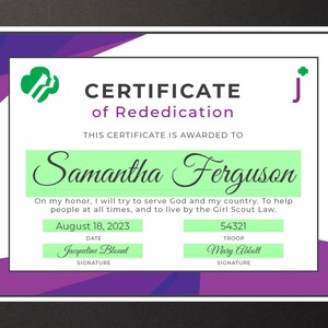 Girl Scout Junior Rededication Certificate Printable PDF - Etsy