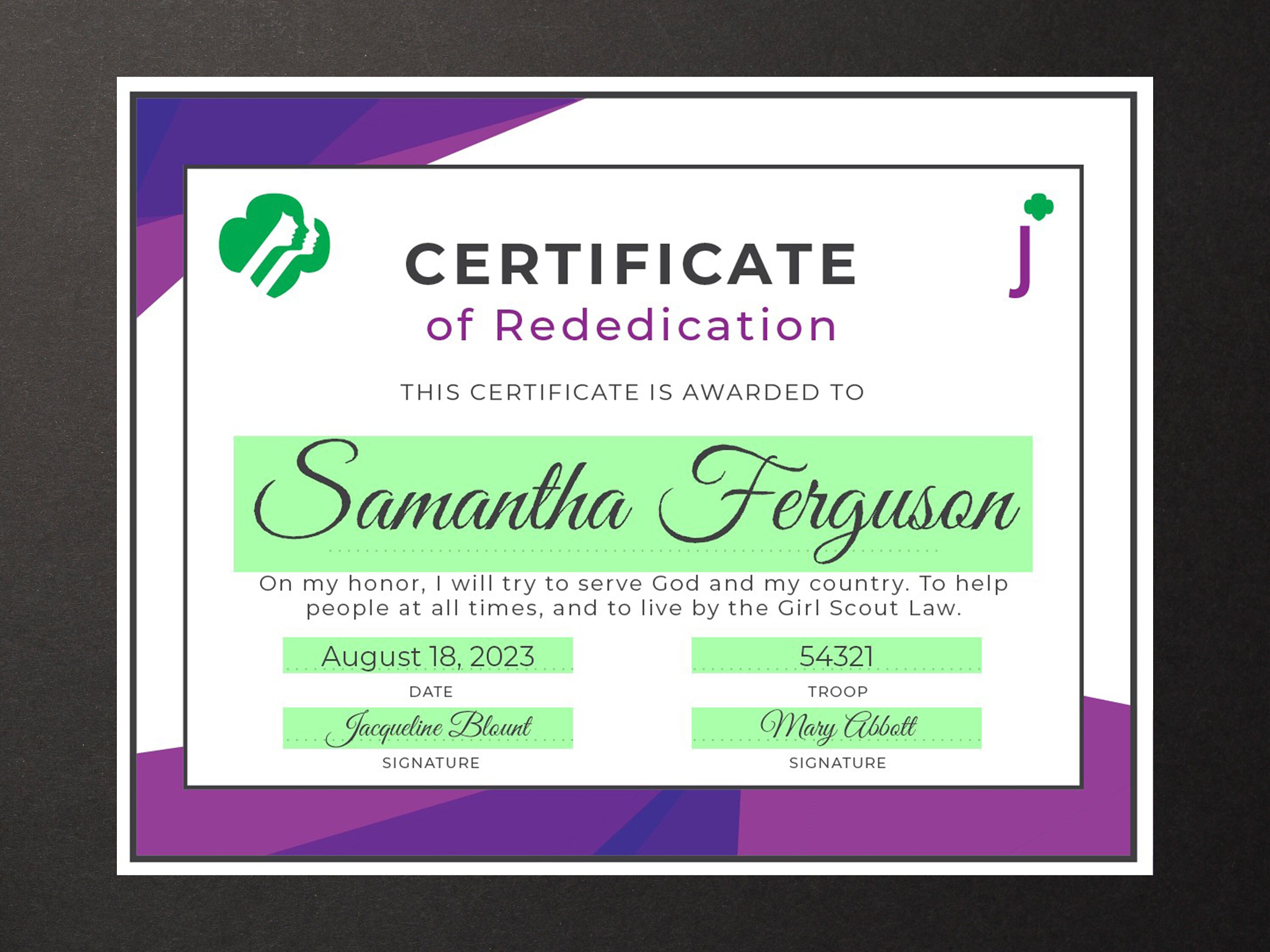 Girl Scout Junior Rededication Certificate Printable PDF - Etsy