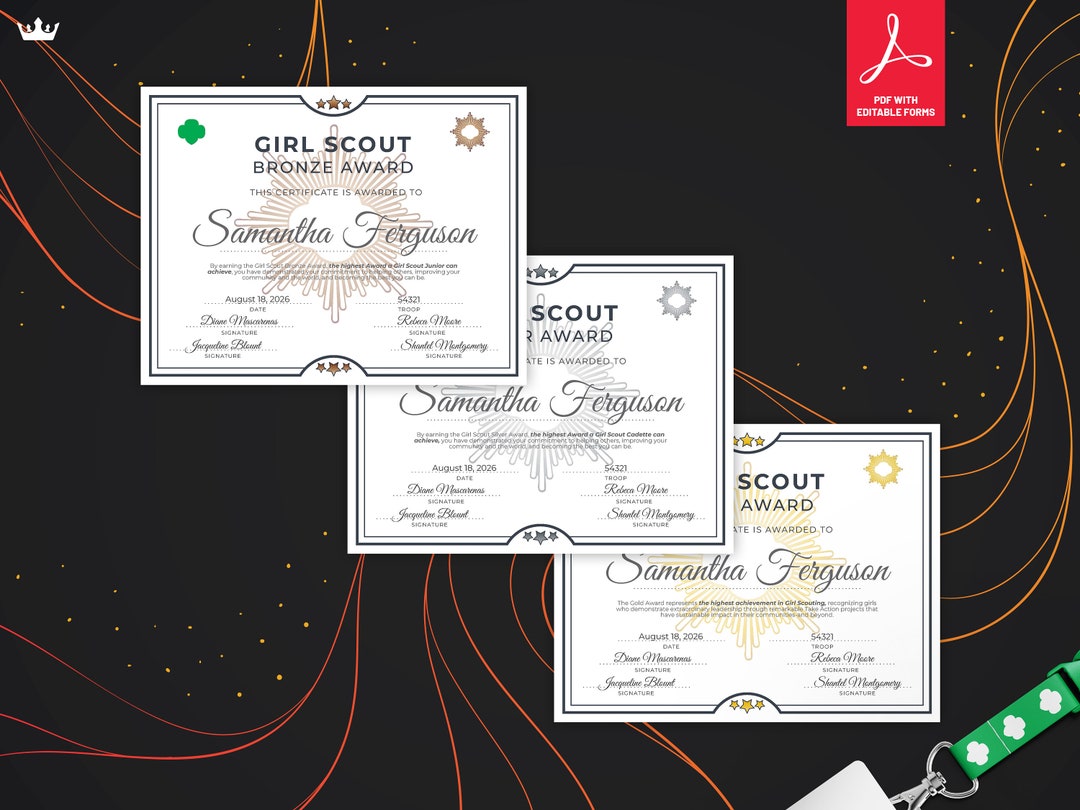 Girl Scout Bronze, Silver, and Gold Award Certificates Bundle ...
