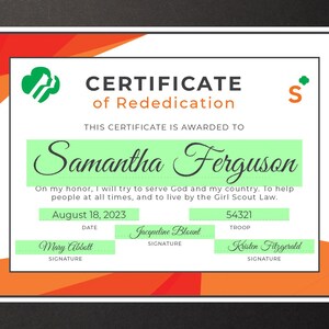 Girl Scout Senior Rededication Certificate Printable PDF - Etsy