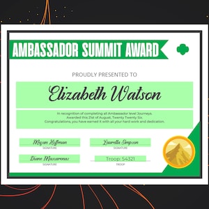 Girl Scout Ambassador Summit Award Certificate | PDF Template - Etsy