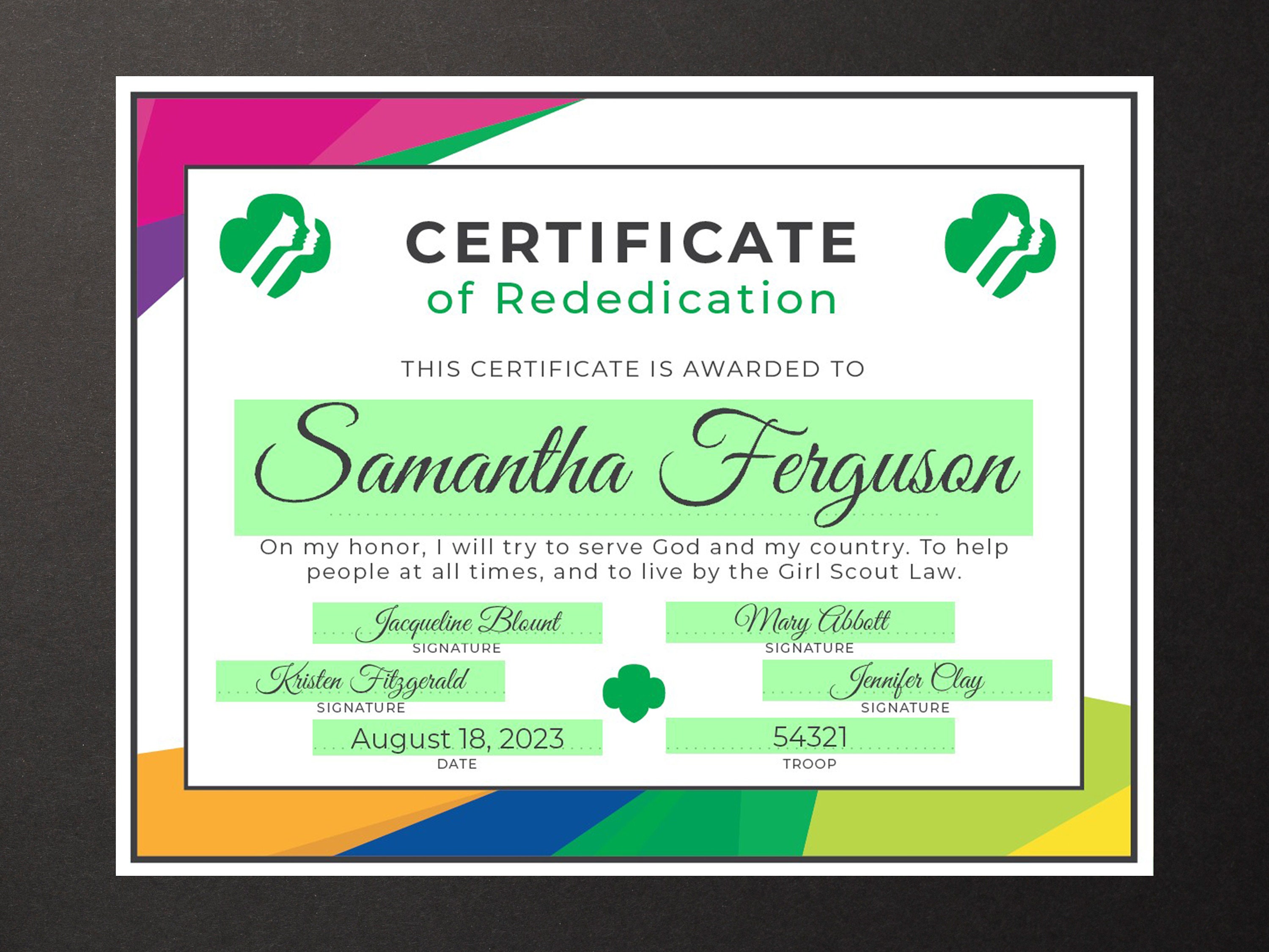 Girl Scout Rededication Certificate Printable PDF Template - Etsy