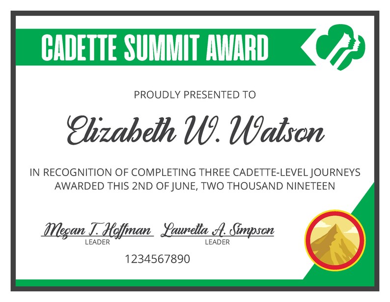 Girl Scout Cadette Summit Award Certificate PDF Template | Etsy
