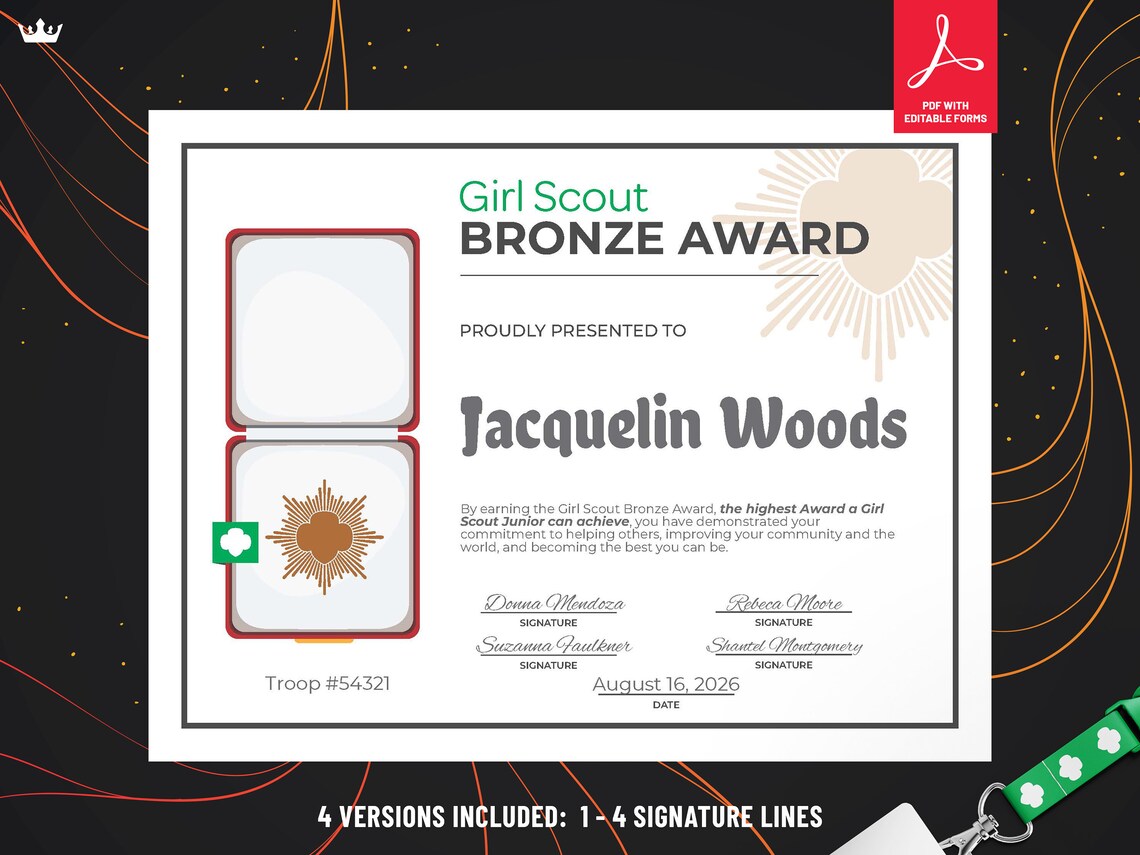 Girl Scout Bronze Award Certificate Printable PDF Template - Etsy