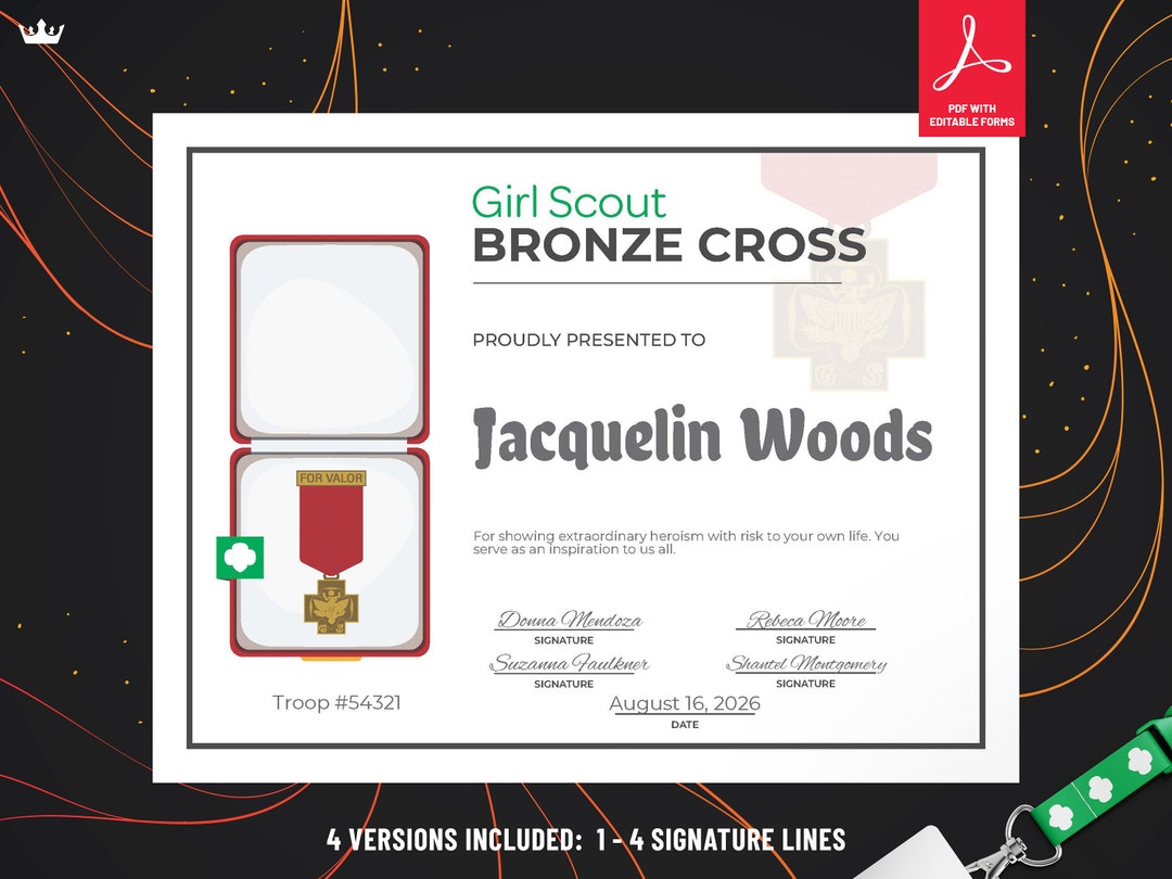 Certificado de la Cruz de Bronce de Girl Scouts / Plantilla PDF ...