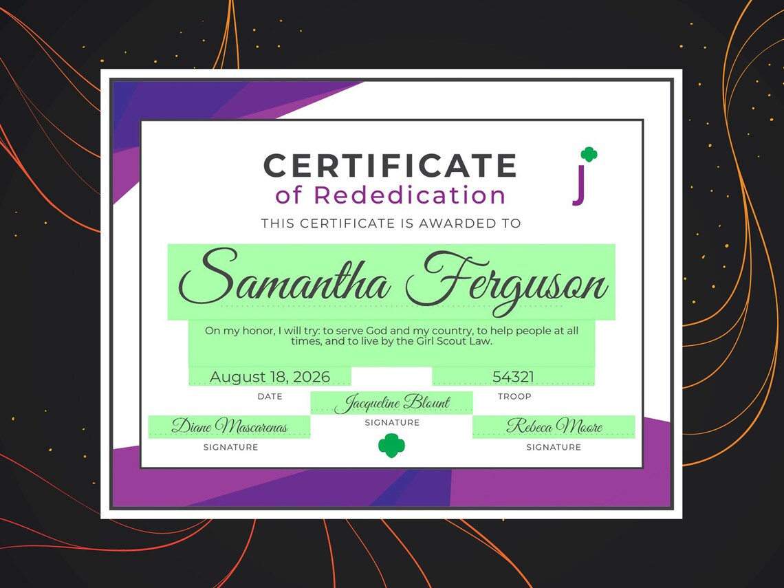 Girl Scout Junior Rededication Certificate | Printable PDF Template - Etsy