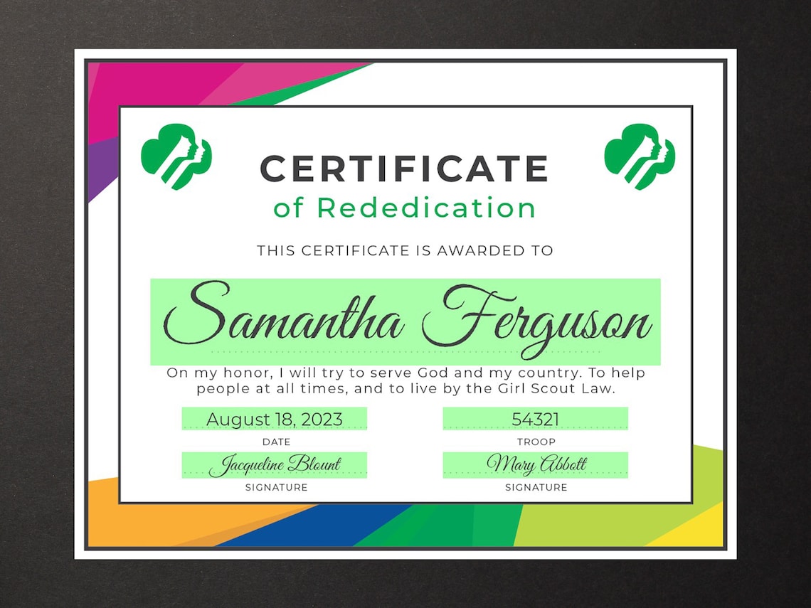 Girl Scout Rededication Certificate Printable PDF Template - Etsy Canada