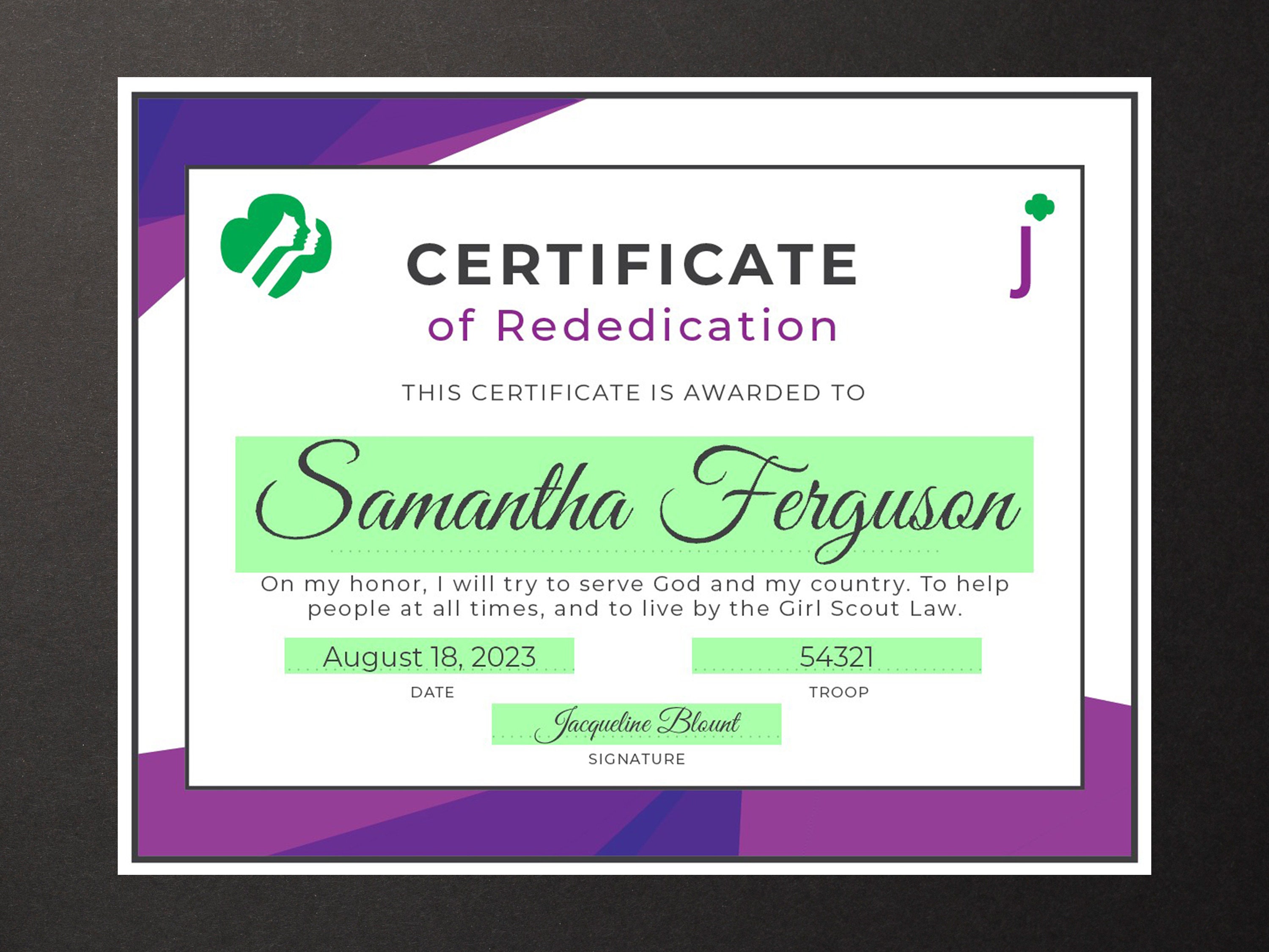 Girl Scout Junior Rededication Certificate Printable PDF - Etsy