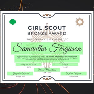 Girl Scout Bronze, Silver, and Gold Award Certificates Bundle ...