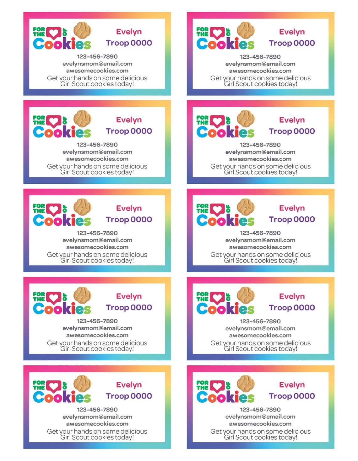 Girl Scout Cookie Seller Business Cards PDF Template | Etsy