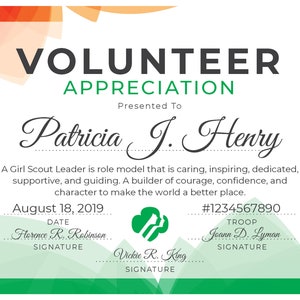 Girl Scout Volunteer Appreciation Certificate Printable PDF - Etsy