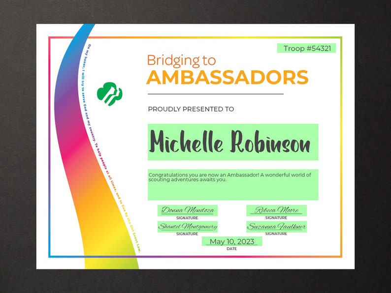 Girl Scout Bridging to Ambassadors Certificate PDF Template - Etsy