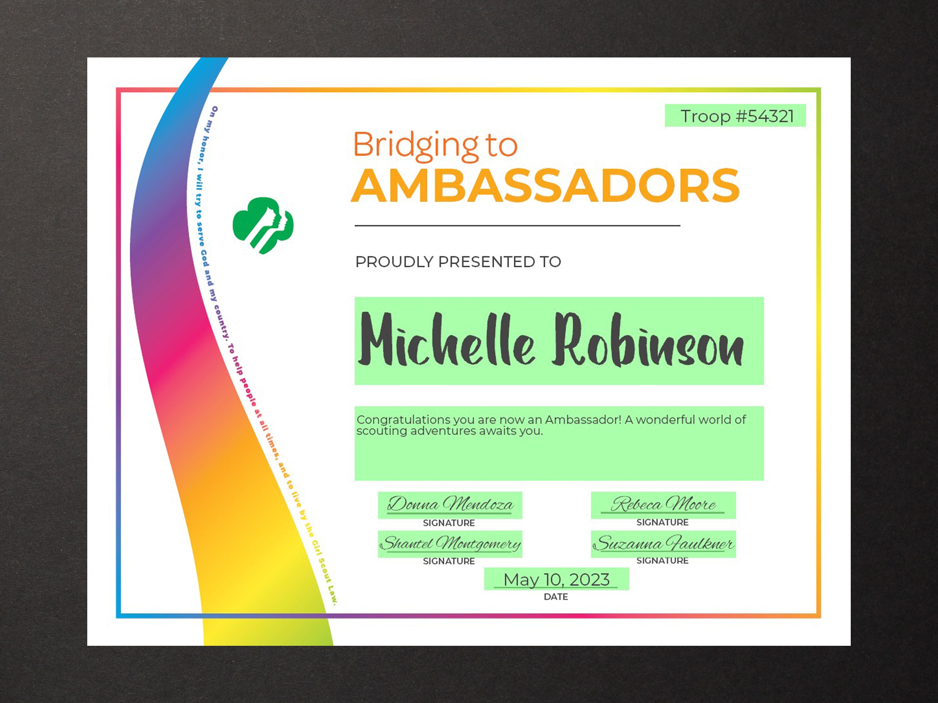 Girl Scout Bridging to Ambassadors Certificate PDF Template - Etsy