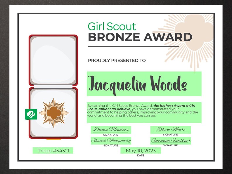 Girl Scout Bronze Award Certificate Printable PDF Template - Etsy