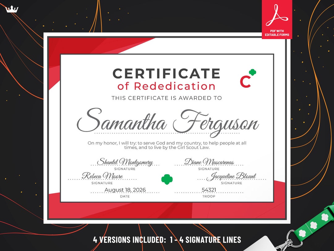 Girl Scout Cadette Rededication Certificate | Printable PDF Template - Etsy