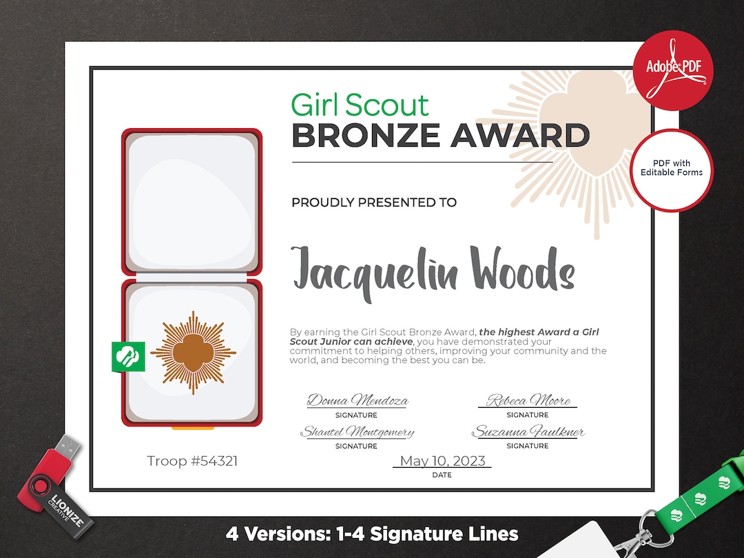 Girl Scout Bronze Award Certificate Printable PDF Template - Etsy