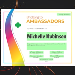 Girl Scout Bridging to Ambassadors Certificate | PDF Template - Etsy