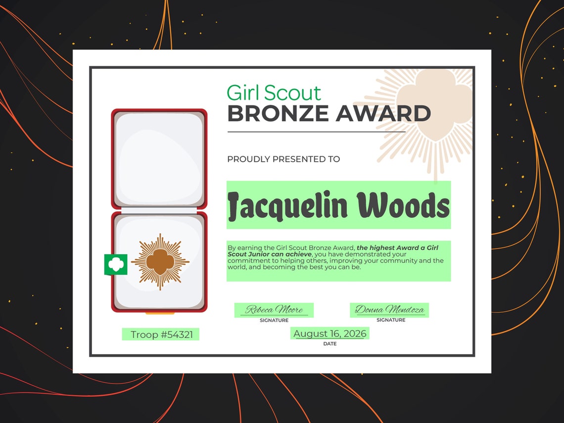 Girl Scout Bronze Award Certificate Printable PDF Template - Etsy