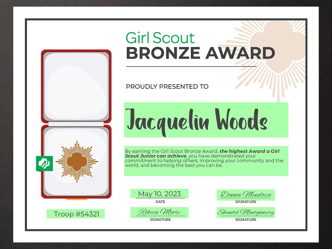 Girl Scout Bronze Award Certificate Printable PDF Template - Etsy