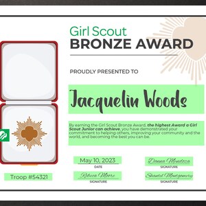 Girl Scout Bronze Award Certificate Printable PDF Template | Etsy
