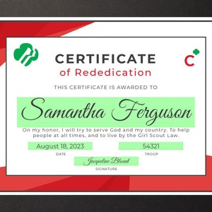Girl Scout Cadette Rededication Certificate Printable PDF - Etsy