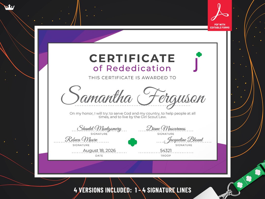 Girl Scout Junior Rededication Certificate | Printable PDF Template - Etsy
