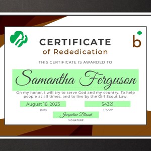 Girl Scout Brownie Rededication Certificate Printable PDF - Etsy