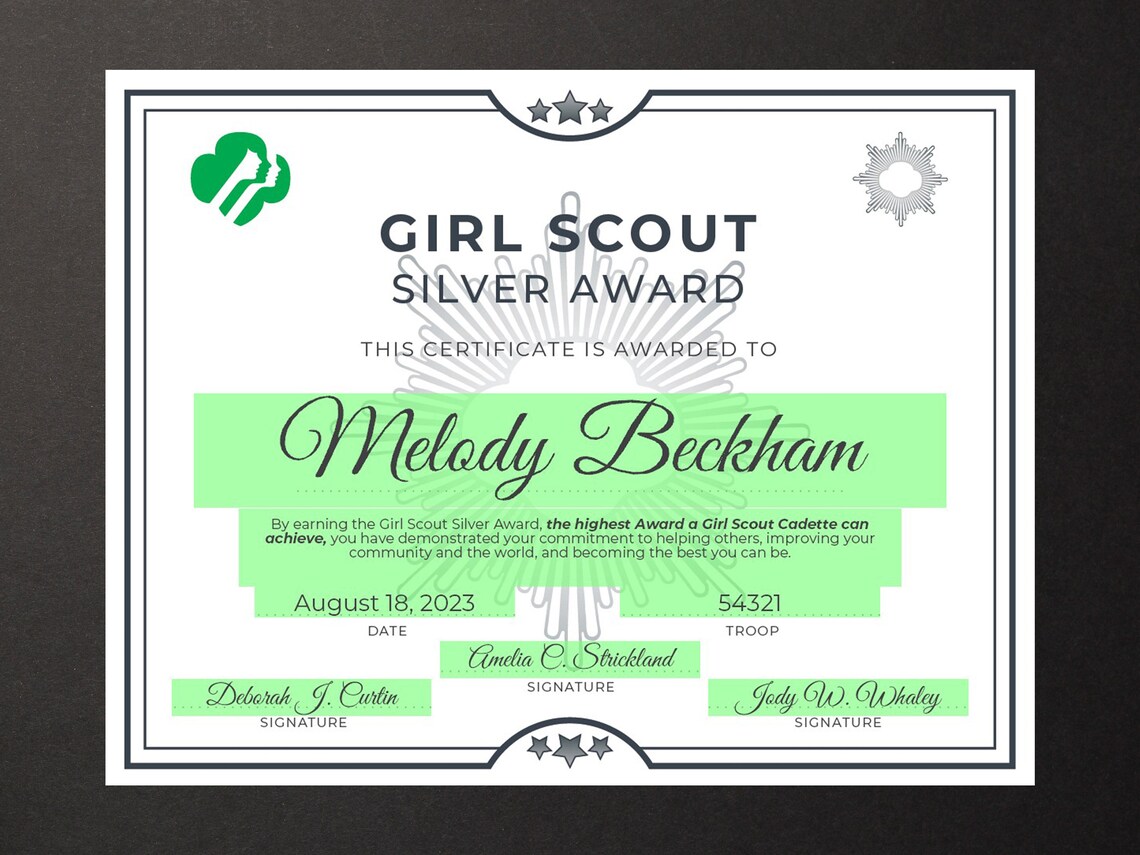 Girl Scout Silver Award Certificate Printable PDF Template - Etsy