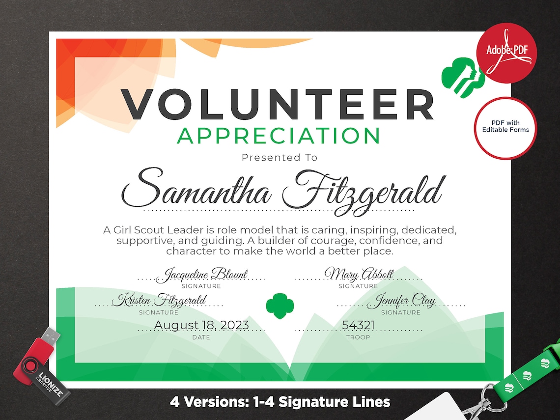 Girl Scout Volunteer Appreciation Certificate Printable PDF - Etsy