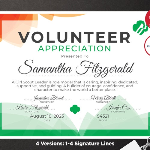 Girl Scout Volunteer Appreciation Certificate Printable PDF - Etsy