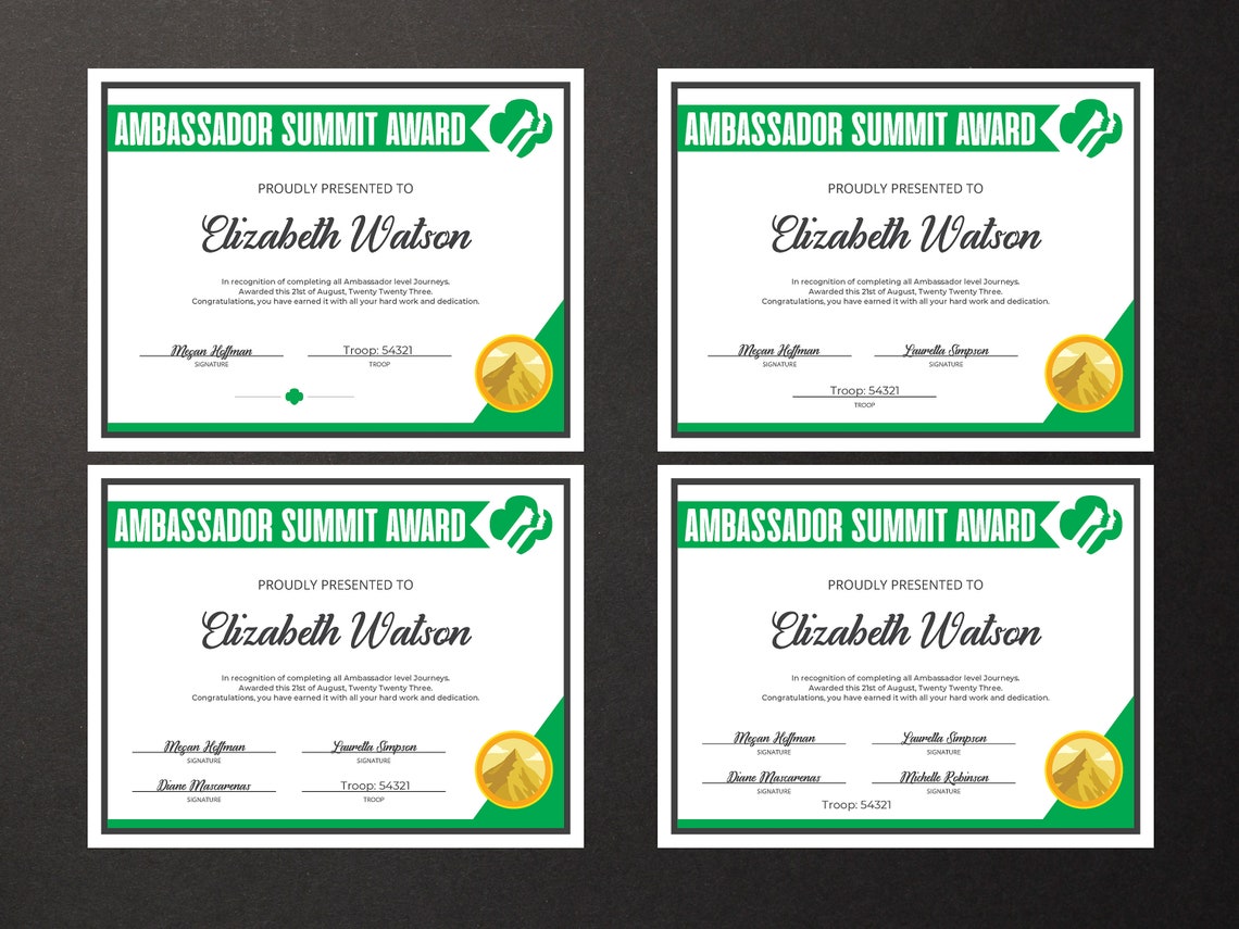 Girl Scout Ambassador Summit Award Certificate PDF Template - Etsy