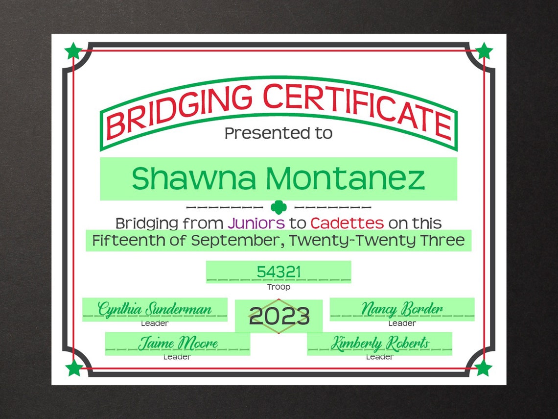 Girl Scouts Bridging to Cadettes Certificate PDF Template - Etsy