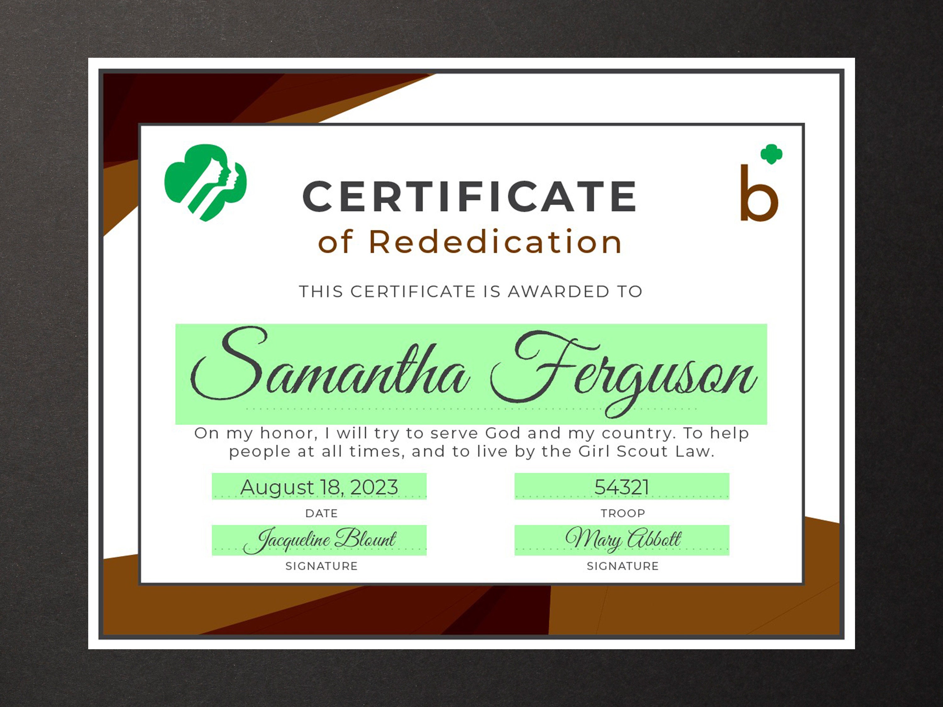 Girl Scout Brownie Rededication Certificate Printable PDF - Etsy