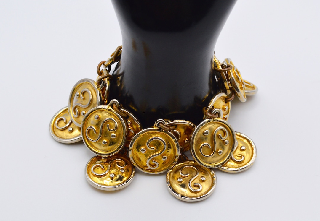 Edouard Rambaud Paris Vintage Golden Etruscan Disc Charms Link Bracelet ...