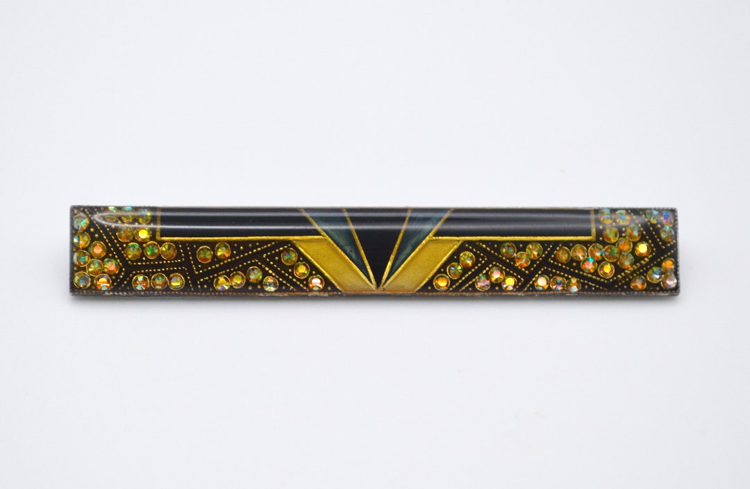 Pierre Bex Art Deco French Bar With Enamel and Diamond Pattering Brooch ...