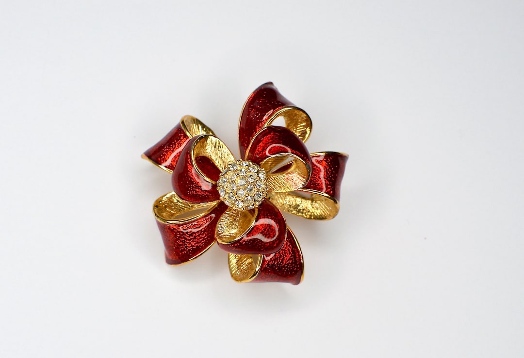 Vintage Roman 22k Gold Plated Bow Brooch, Red Enamel & Swarovski ...
