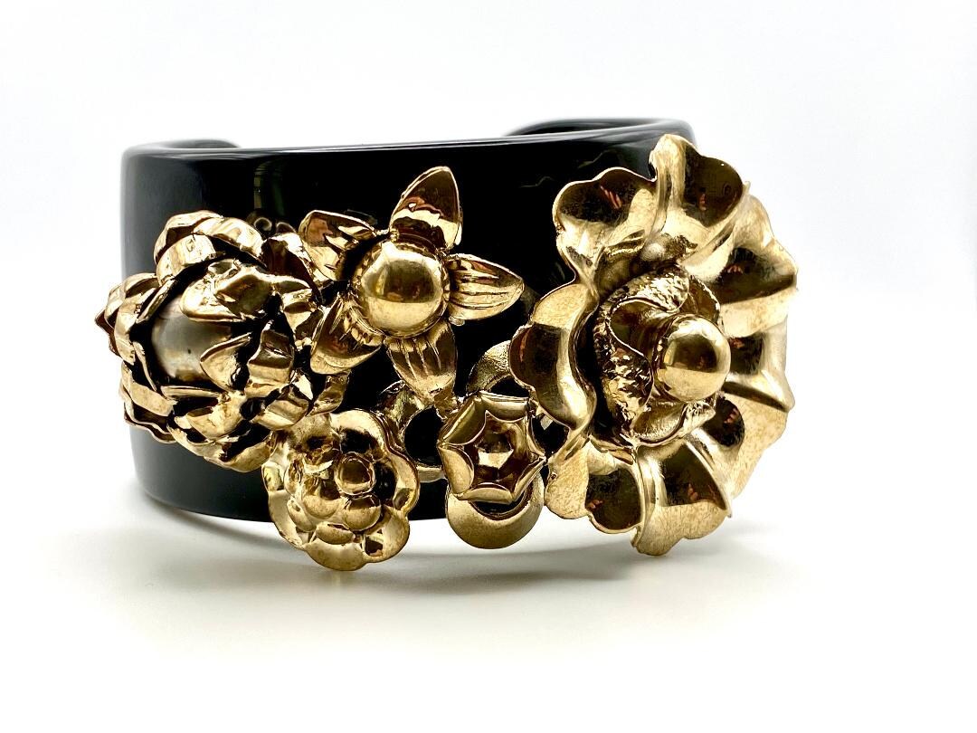 MISSONI Italy Vintage Black and Gold Flowers Cuff Bracelet , Bangle ...