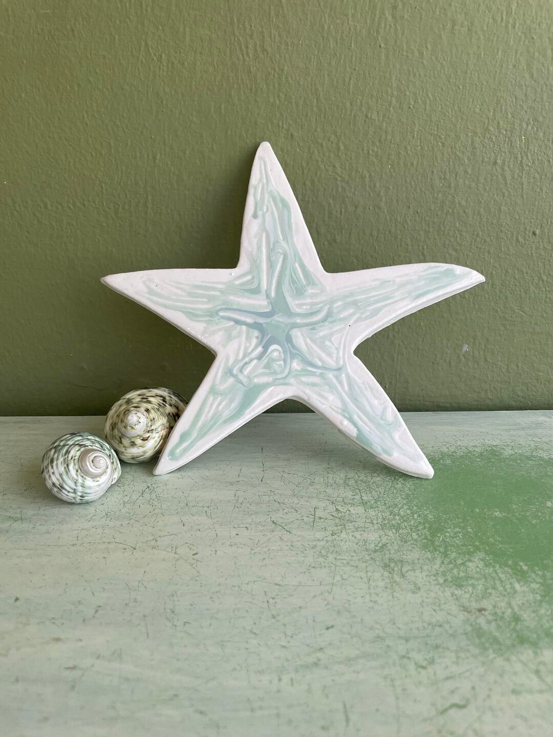 Ceramic Starfish, Starfish Tile, Green Starfish, Green and White ...